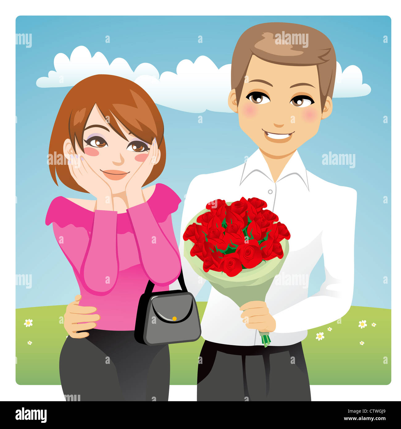 Portrait of a handsome man surprising a beautiful woman giving a red ...