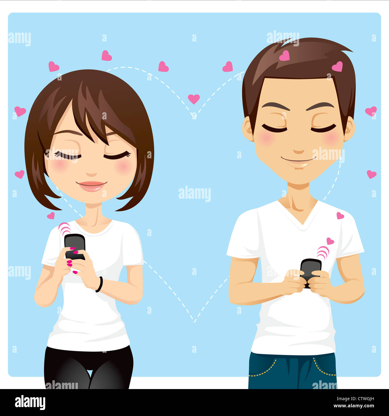 Portrait of young couple sending love messages using cellphone wireless ...