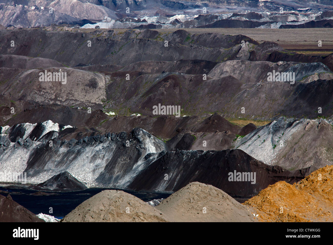Spoil heaps from extracted brown coal / lignite at open-pit mine ...