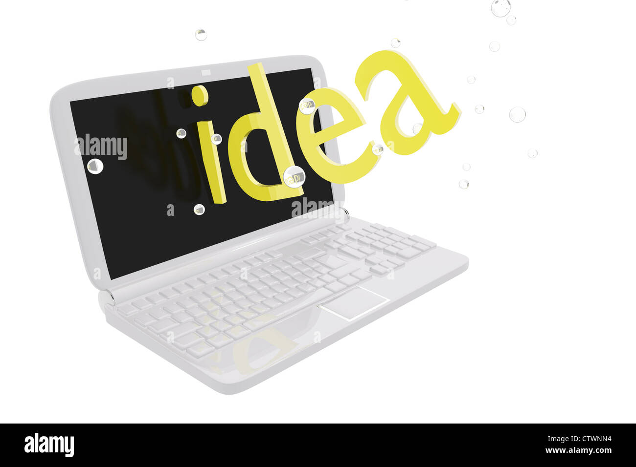 White laptop with the "idea" word leaving the screen. 3D illustration ...