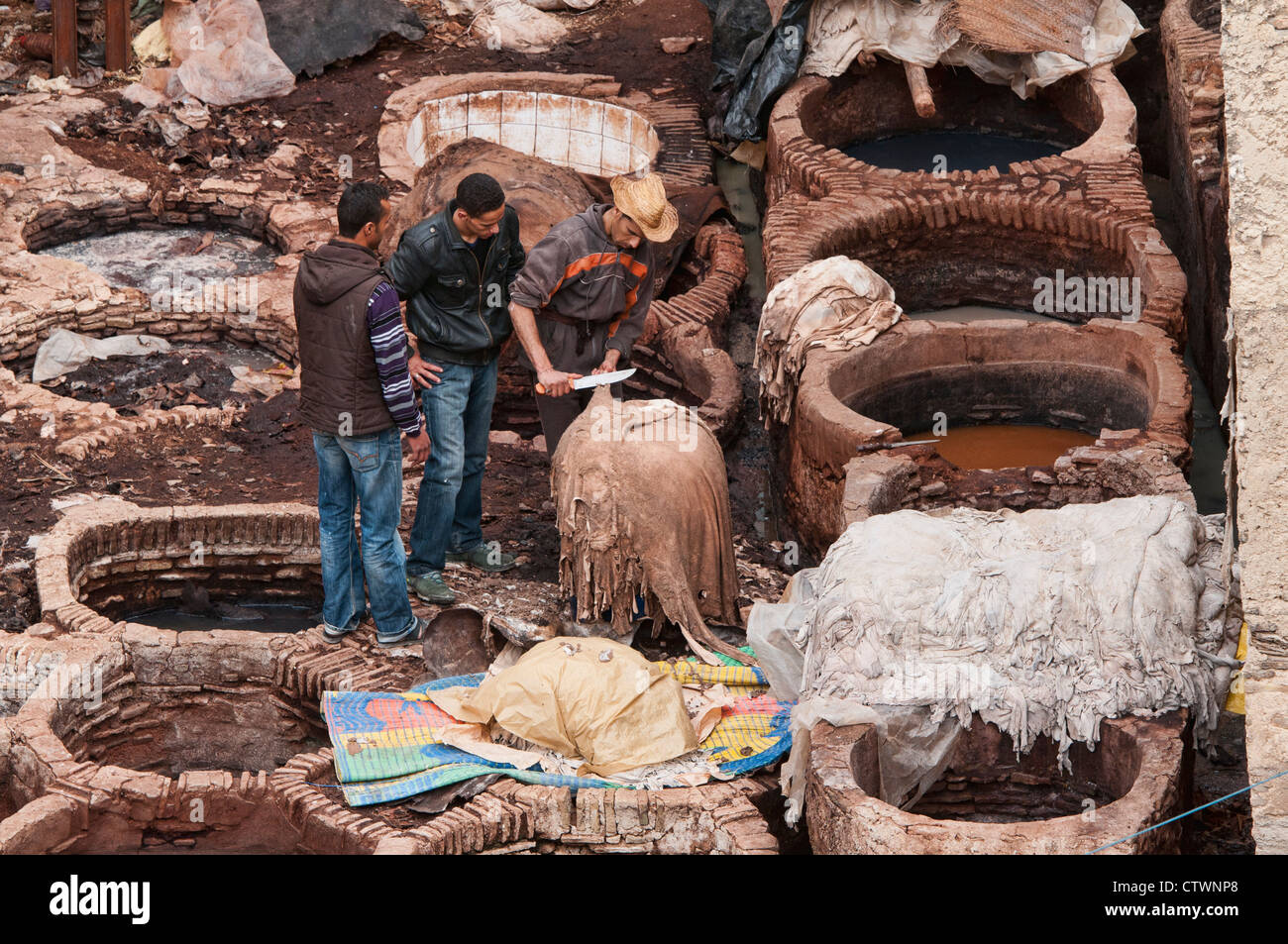 workers in the thousand year old leather tannery in the ancient medina ...