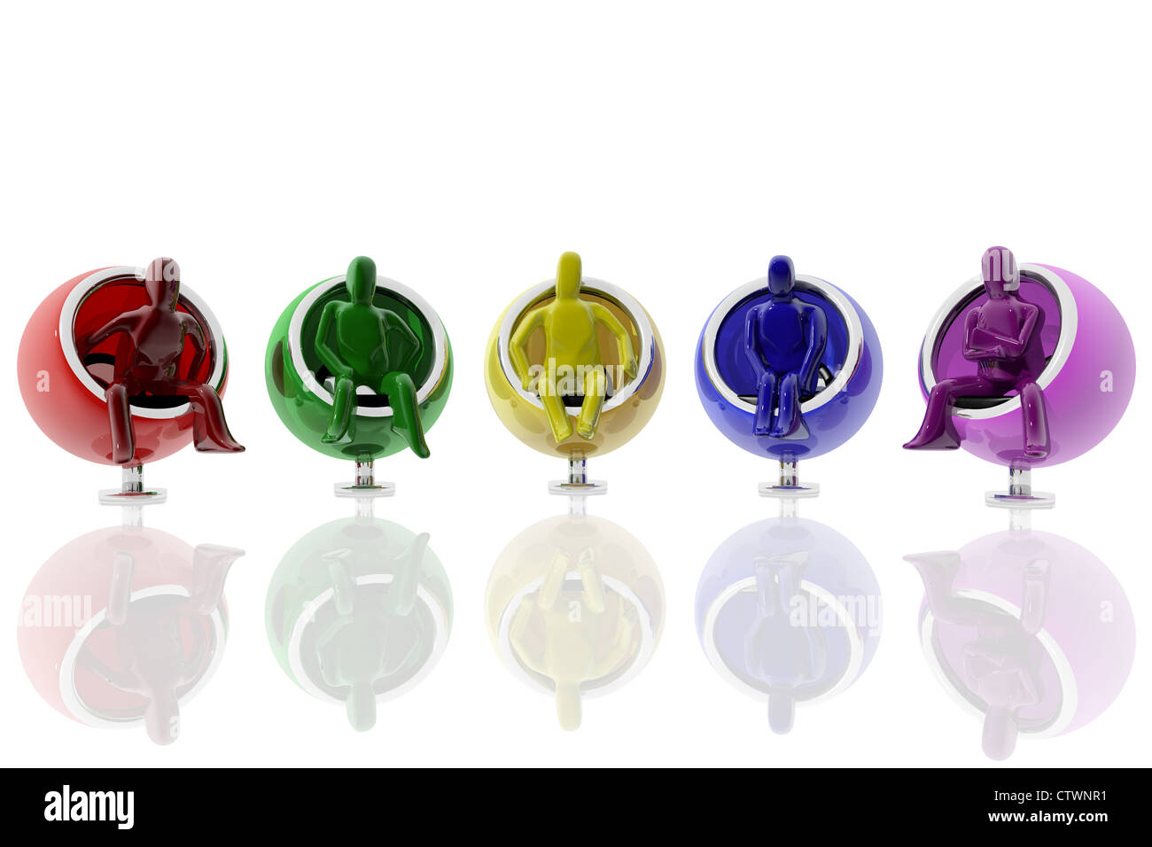 Figures of different colors waiting in a room. 3D illustration render ...