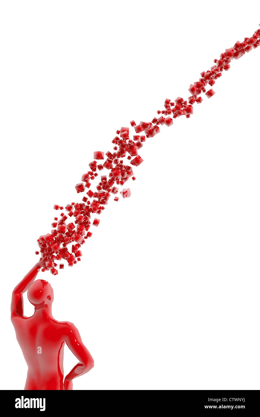 Red man with cubes emerging from his fingers 3D illustration render ...