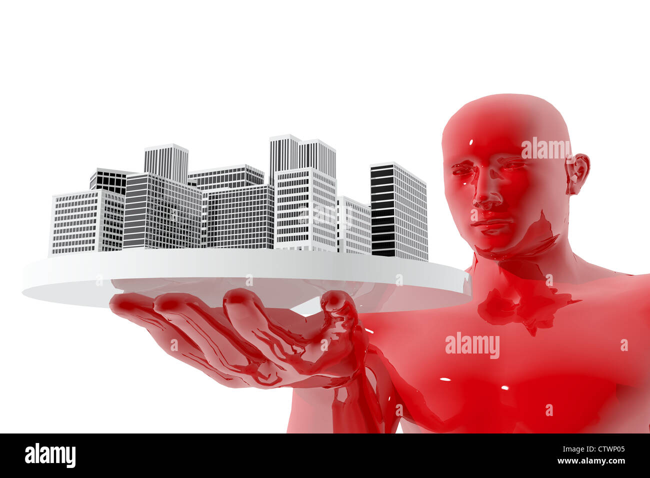 Man looking a city in his hands. 3D illustration render Stock Photo - Alamy