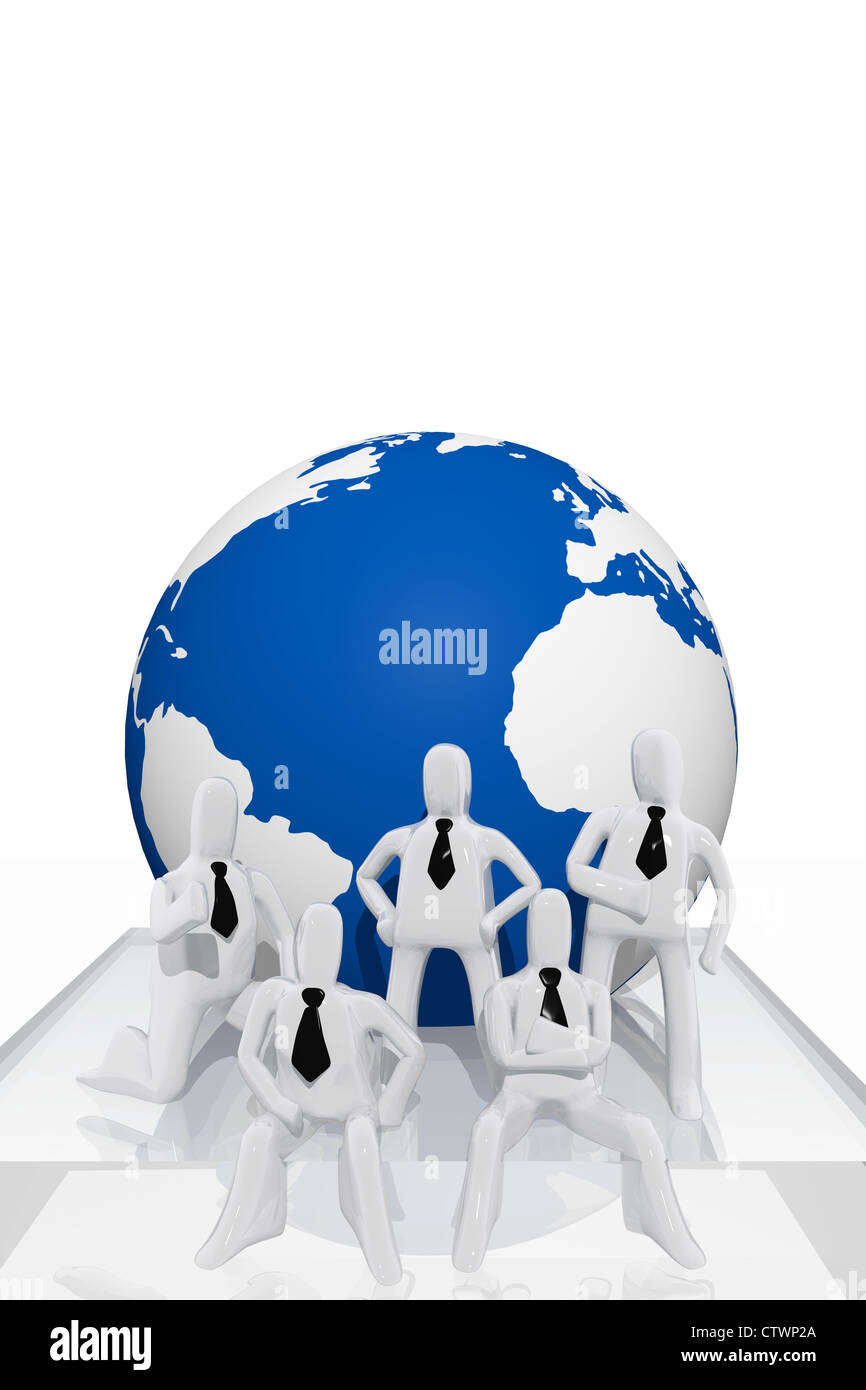 Teamwork posing with a world globe. 3D render illustration Stock Photo ...