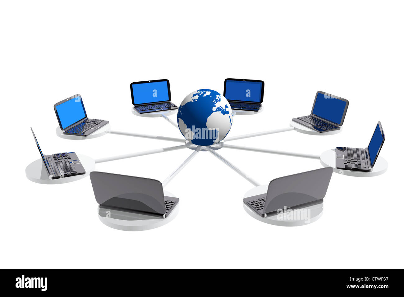 Laptops connected to a world globe. 3D illustration render Stock Photo ...