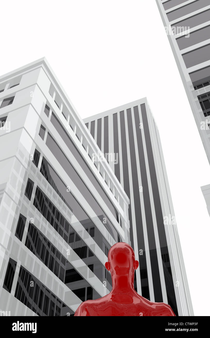 Man looking skyscrapers buildings. 3D illustration render Stock Photo ...