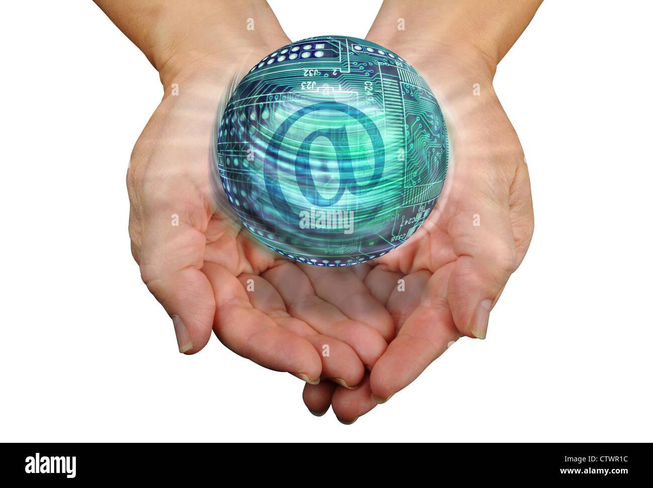 Hands holding round computer circuit board ball Stock Photo - Alamy