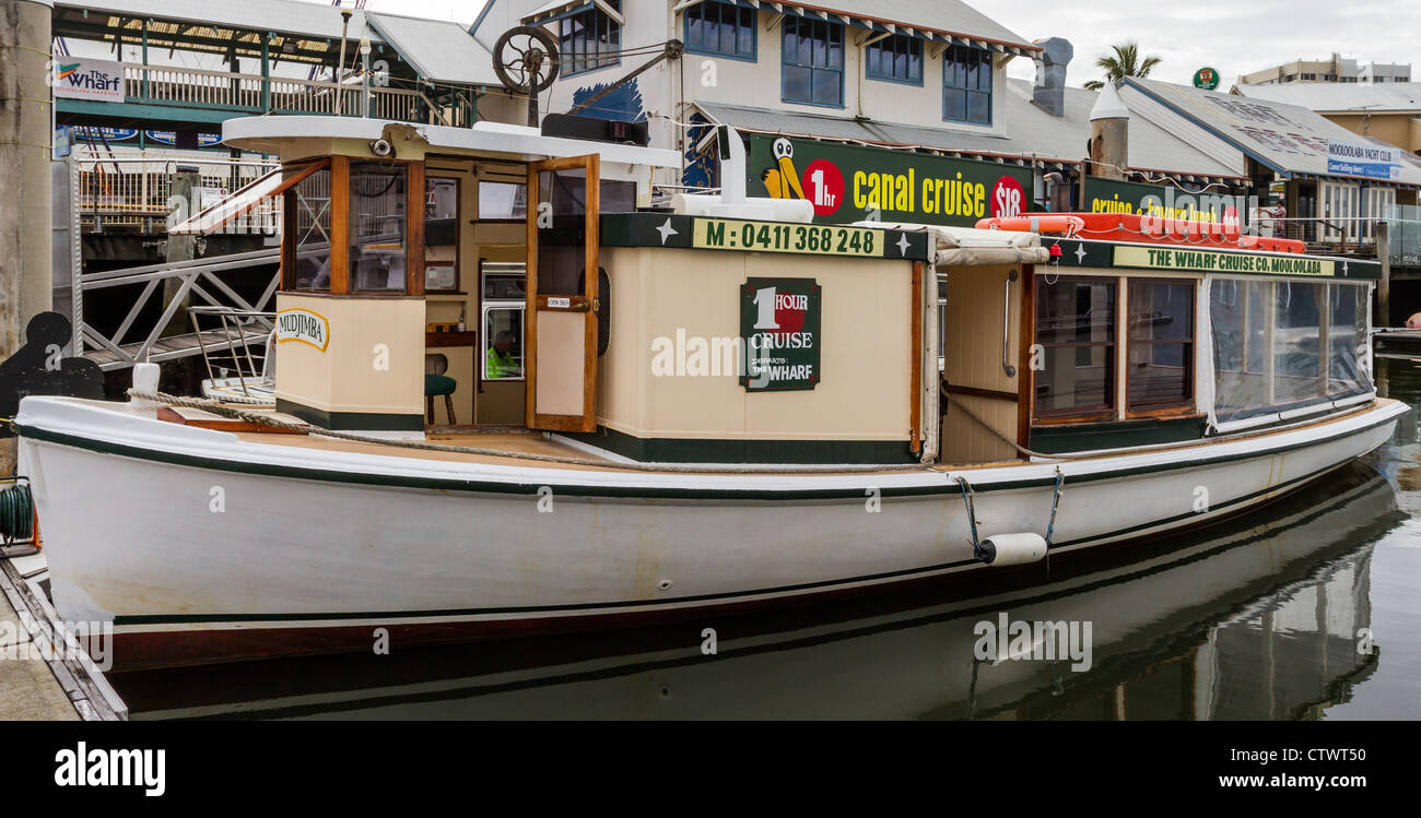Tourist river cruise boat tired up to wharf in Mooloolaba, Sunshine ...
