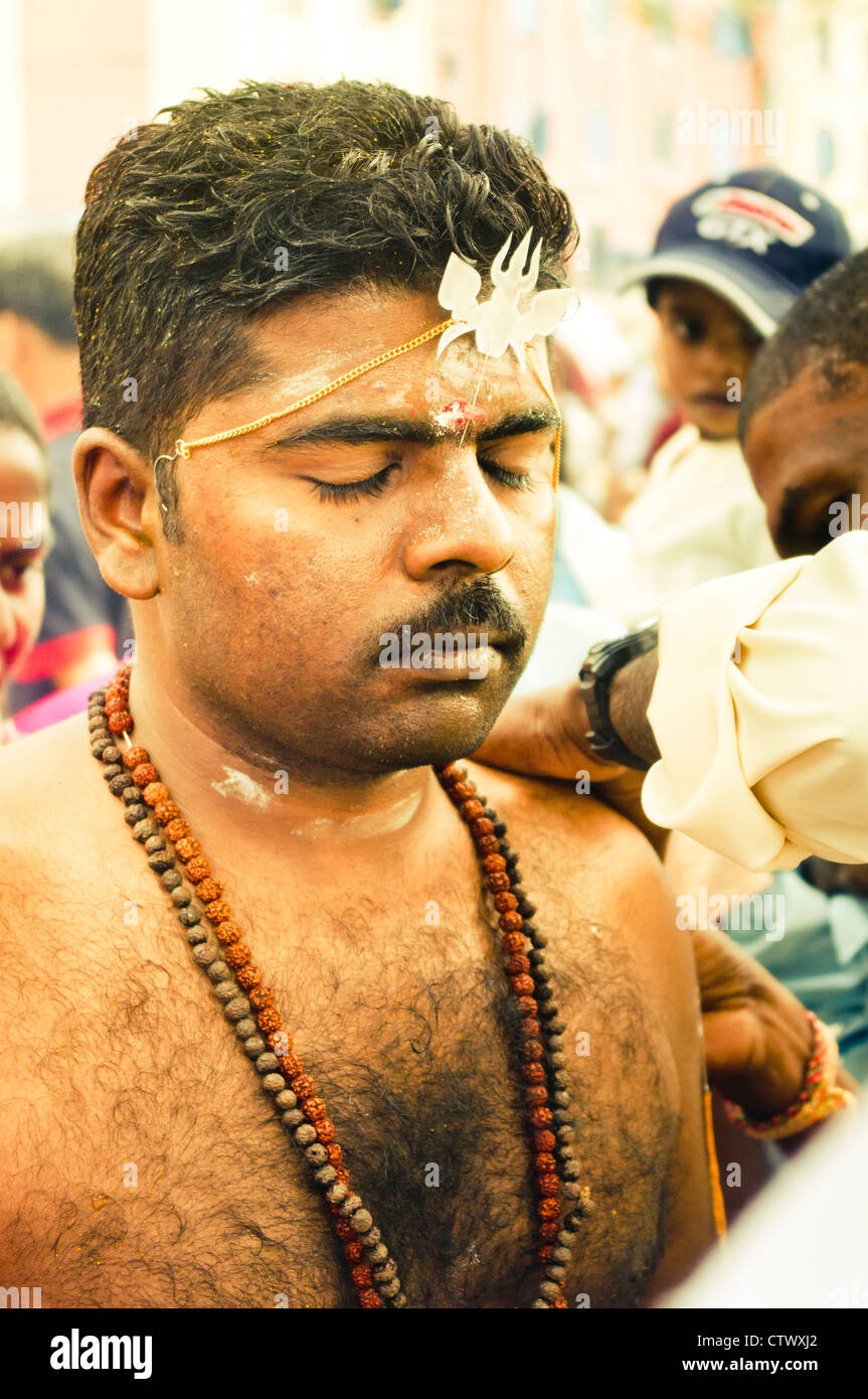 Thaipusam festival, body piercing is conducted by devotees, back of man ...