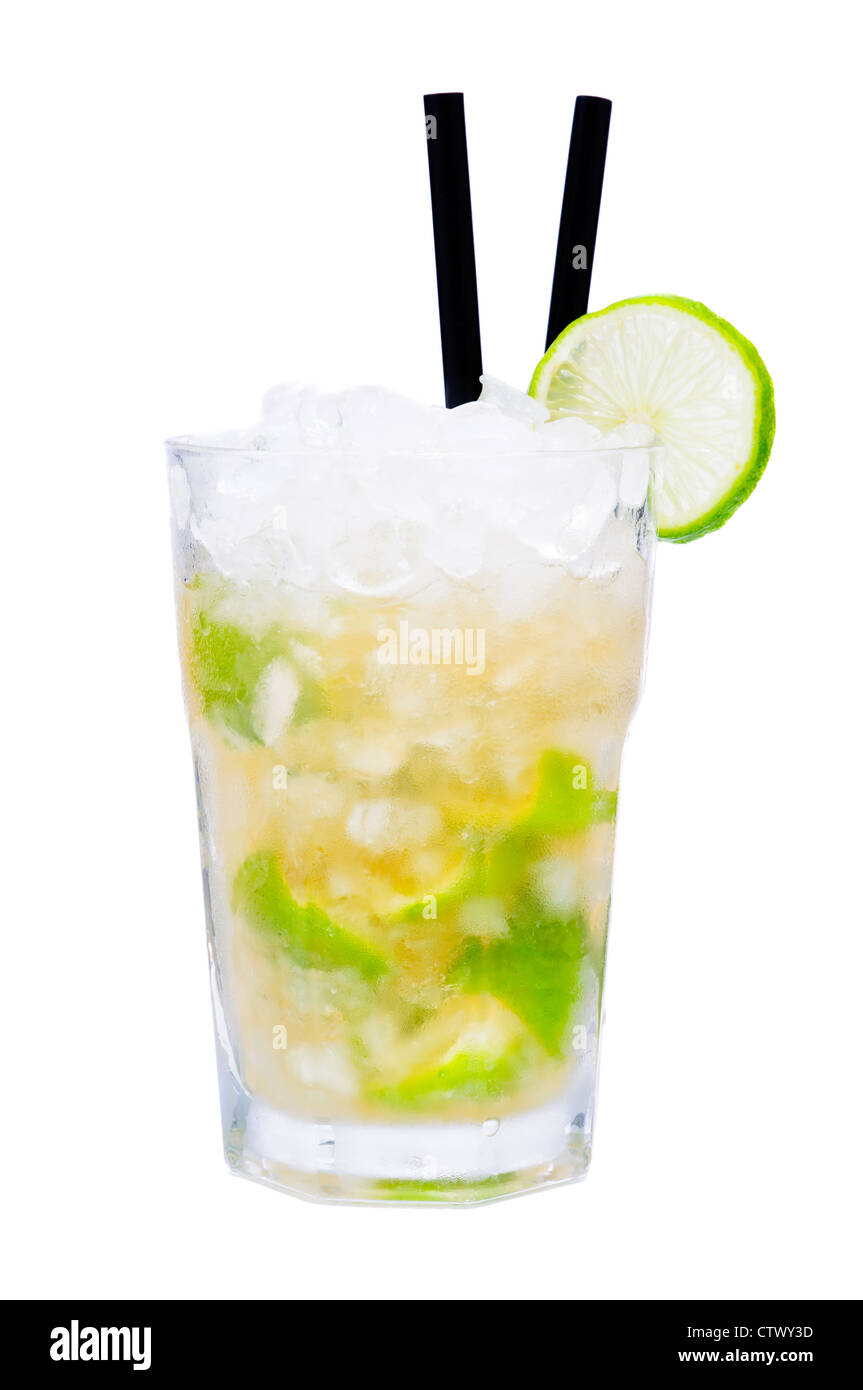 Fresh cold caipirinha cocktail drink isolated on a white background ...
