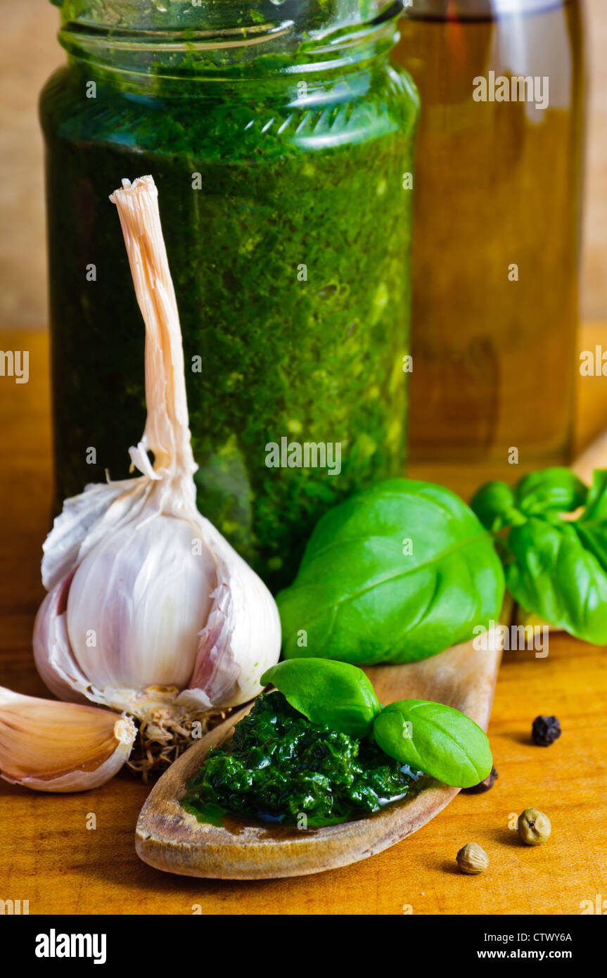 Still life with fresh basil pesto and ingredients Stock Photo - Alamy