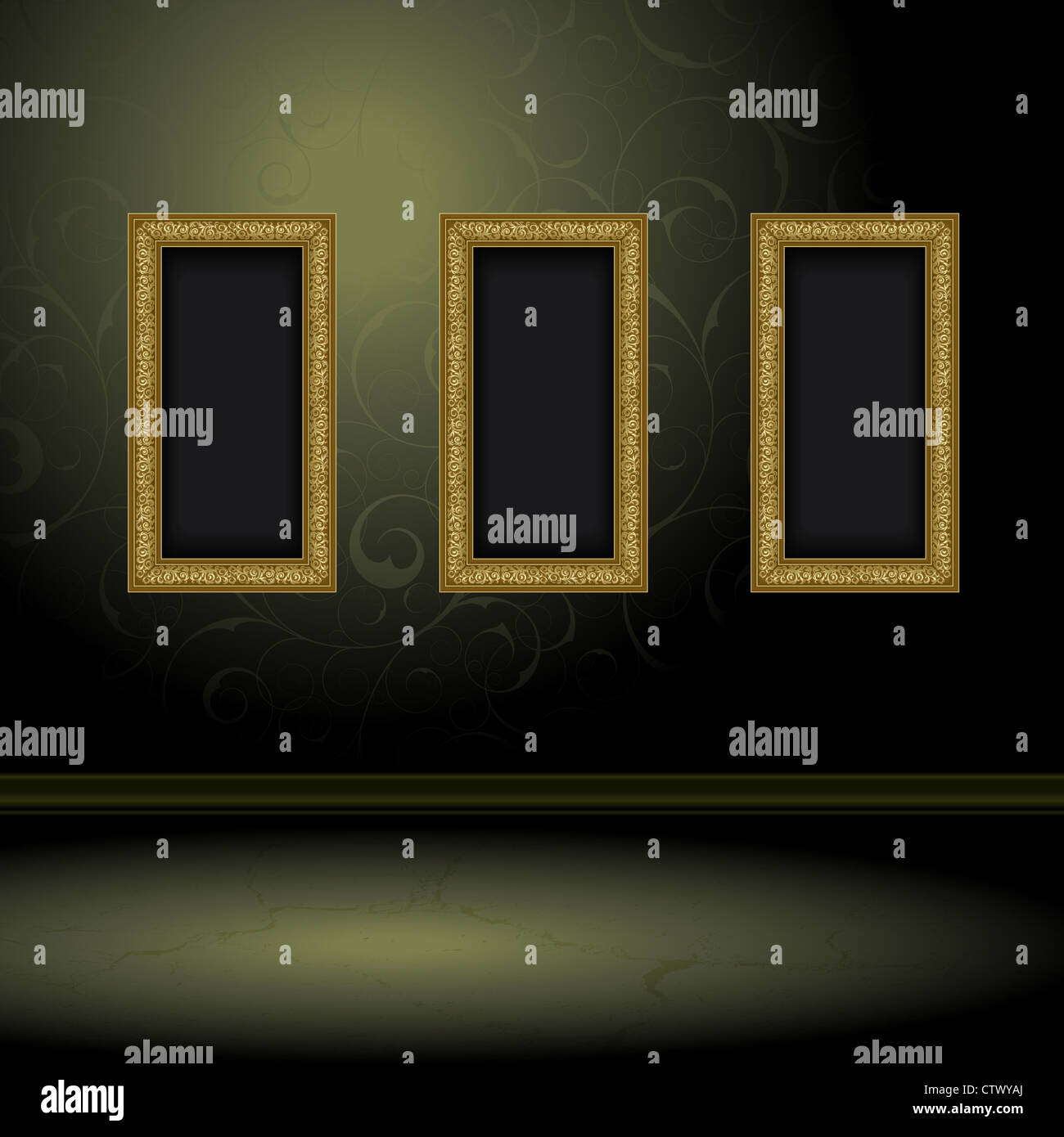 Gold three frames on the wall with green wallpaper Stock Photo - Alamy