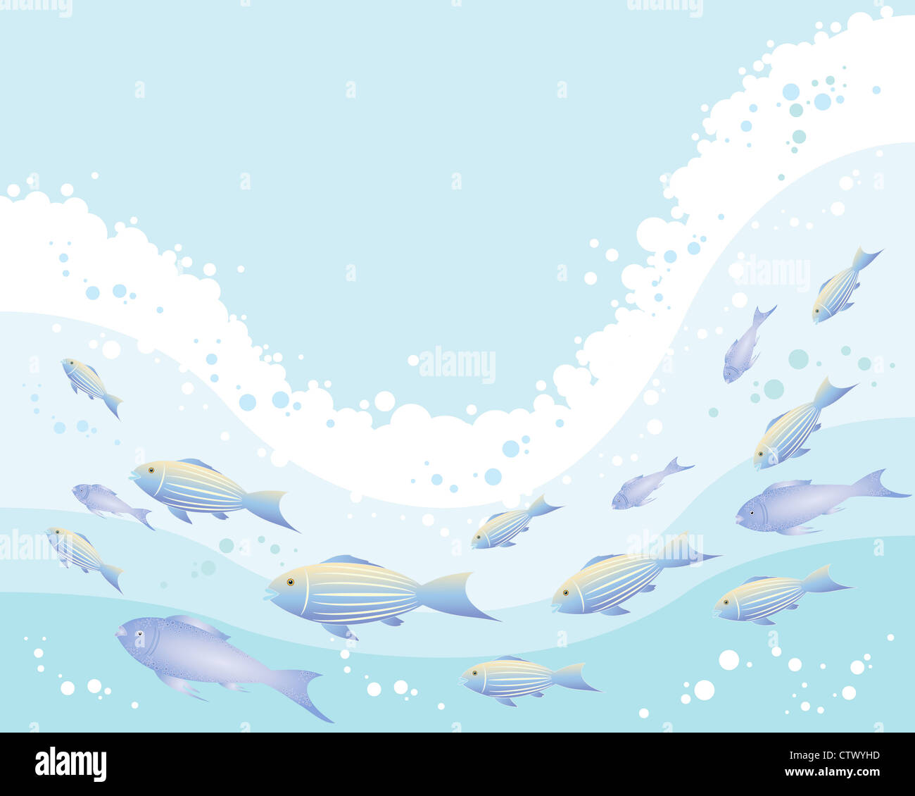 an illustration of abstract tropical fish in the ocean with waves foam ...