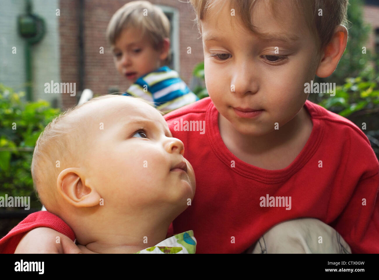 Three brothers hanging out in their Brooklyn backyard Stock Photo - Alamy