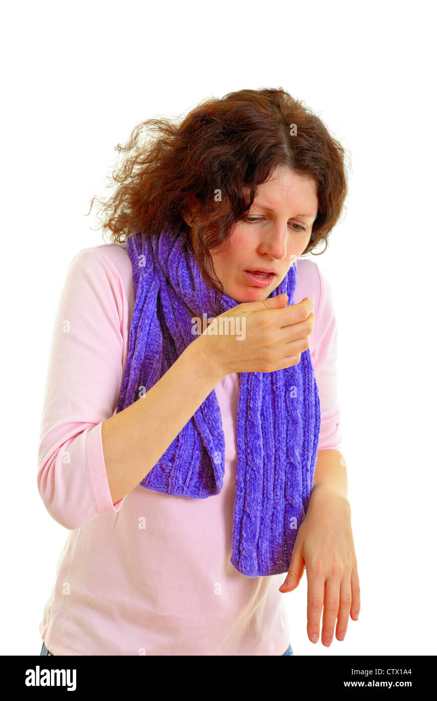Young woman with brown hair has a flu, isolated on white background ...