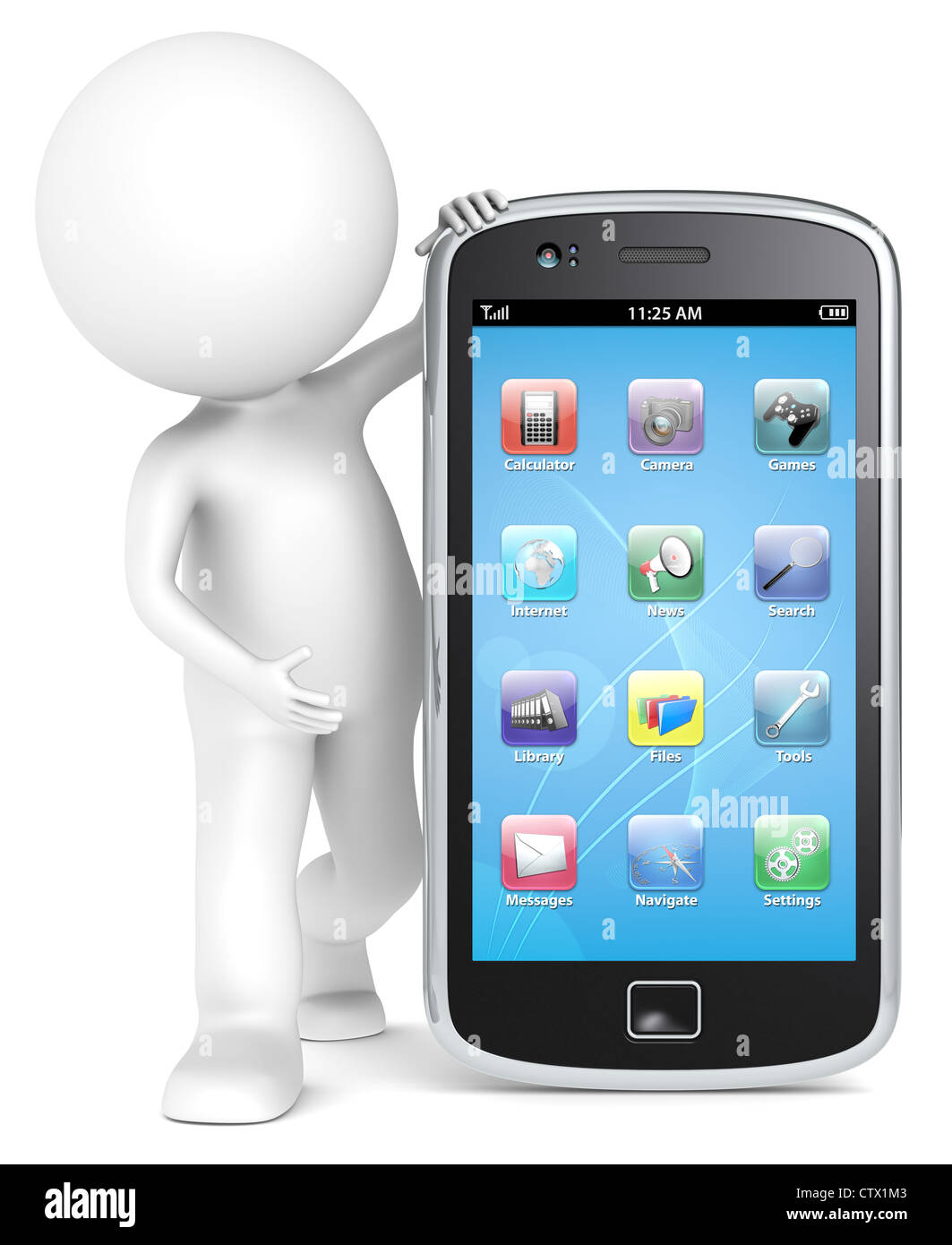 3D little human character holding a Smartphone with icons. People ...