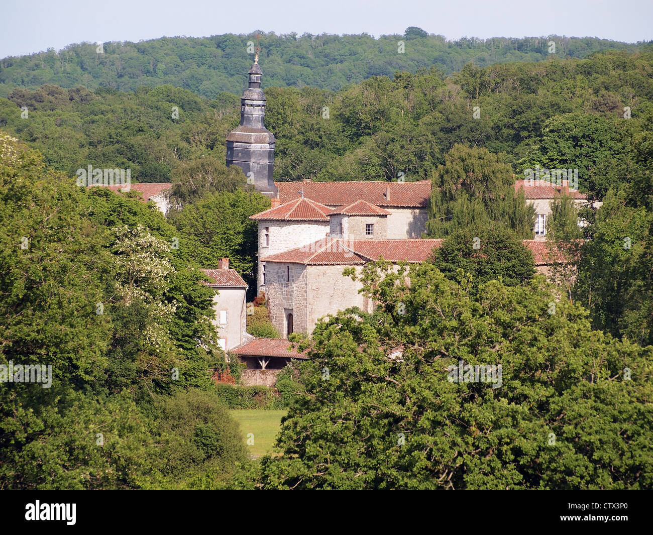 Old village of Mortemart and its leaning bell tower surrounded by the ...