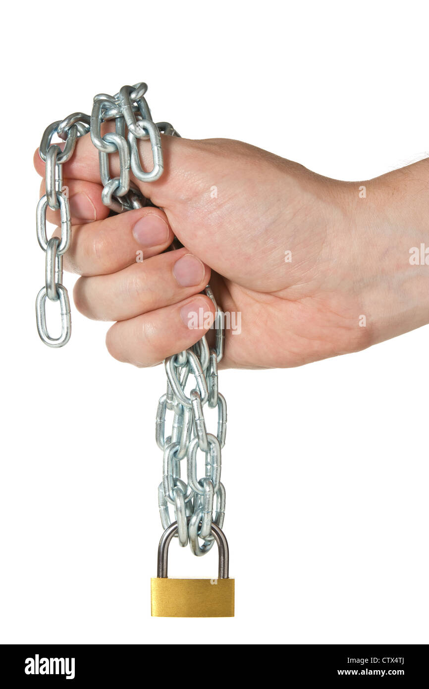 Hand holding chain with padlock. Isolated on white background Stock ...