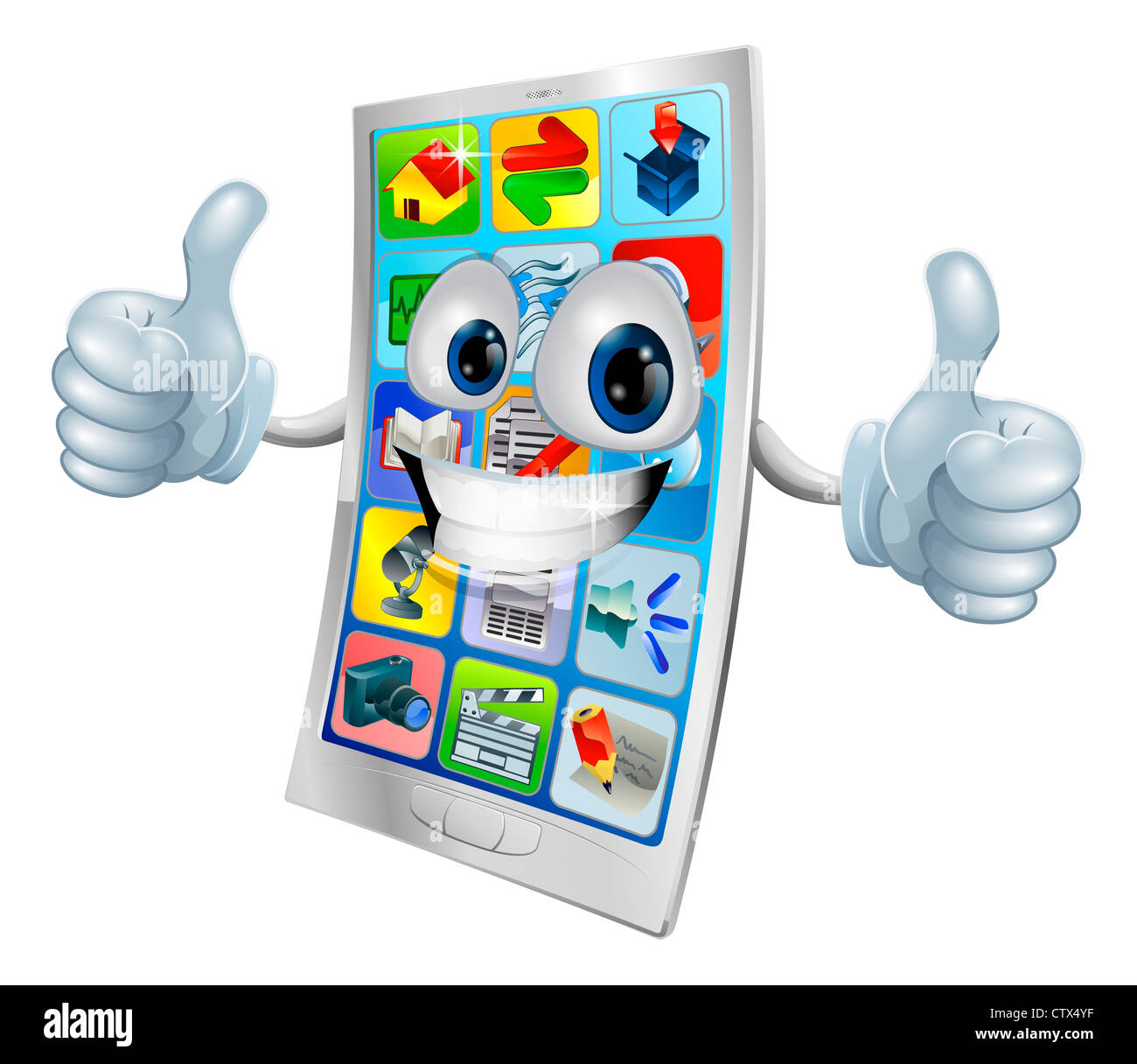 Very happy mobile phone mascot giving two thumbs up Stock Photo - Alamy
