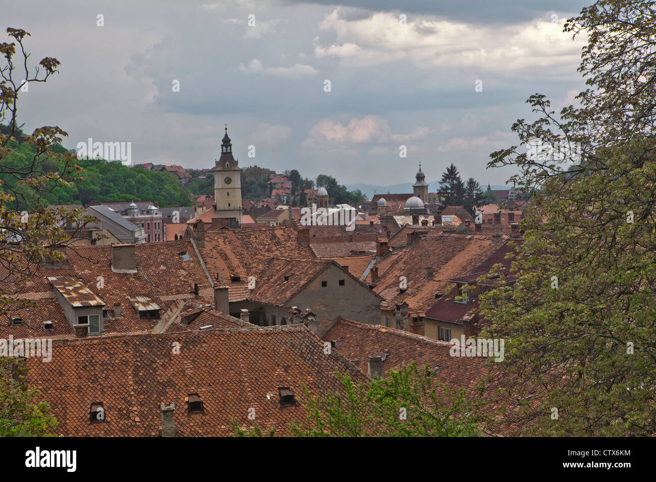 Panoramic view of Brasov downtown (church and roofs from medieval ...