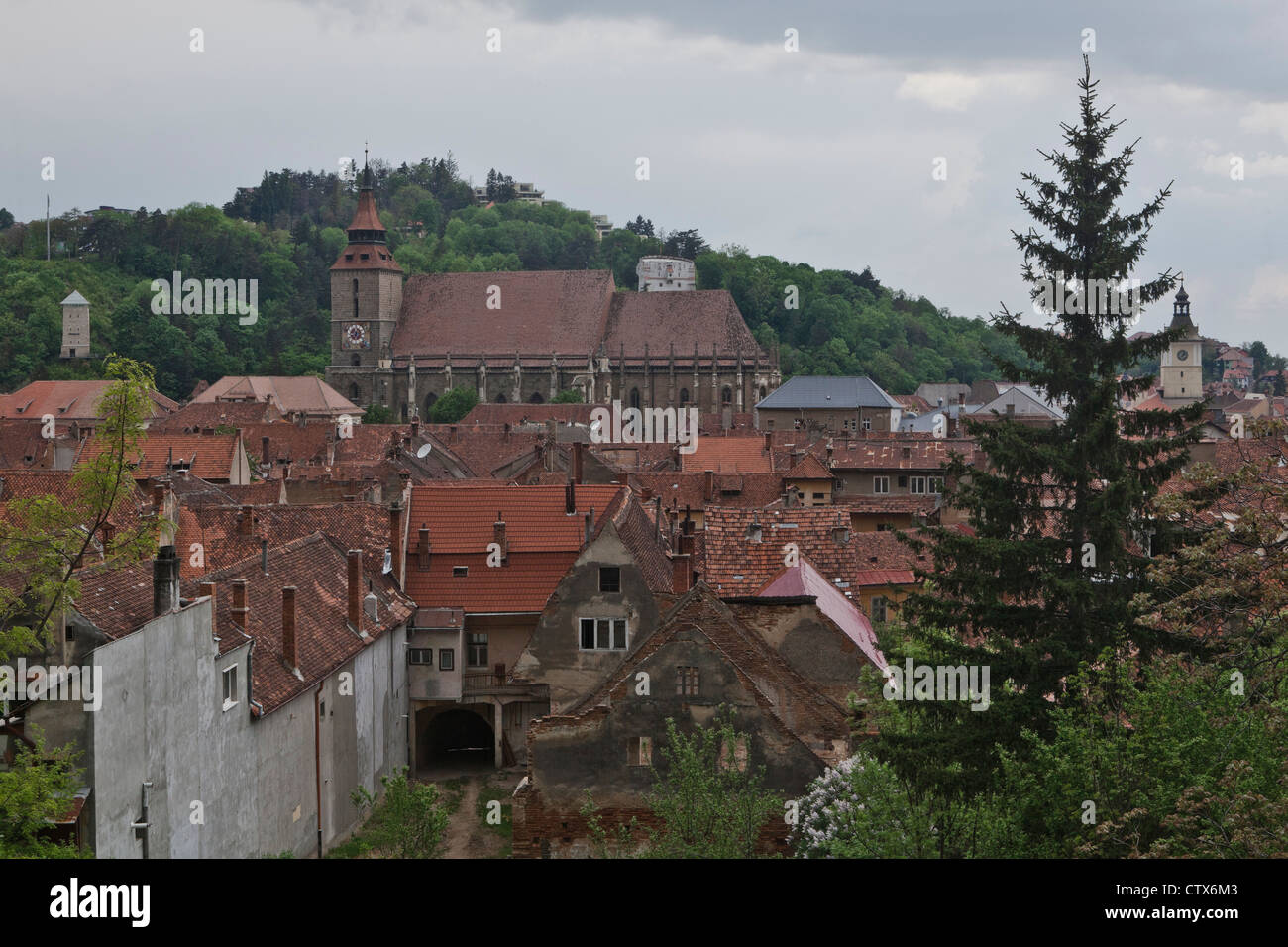 Panoramic view of Brasov downtown (church and roofs from medieval ...