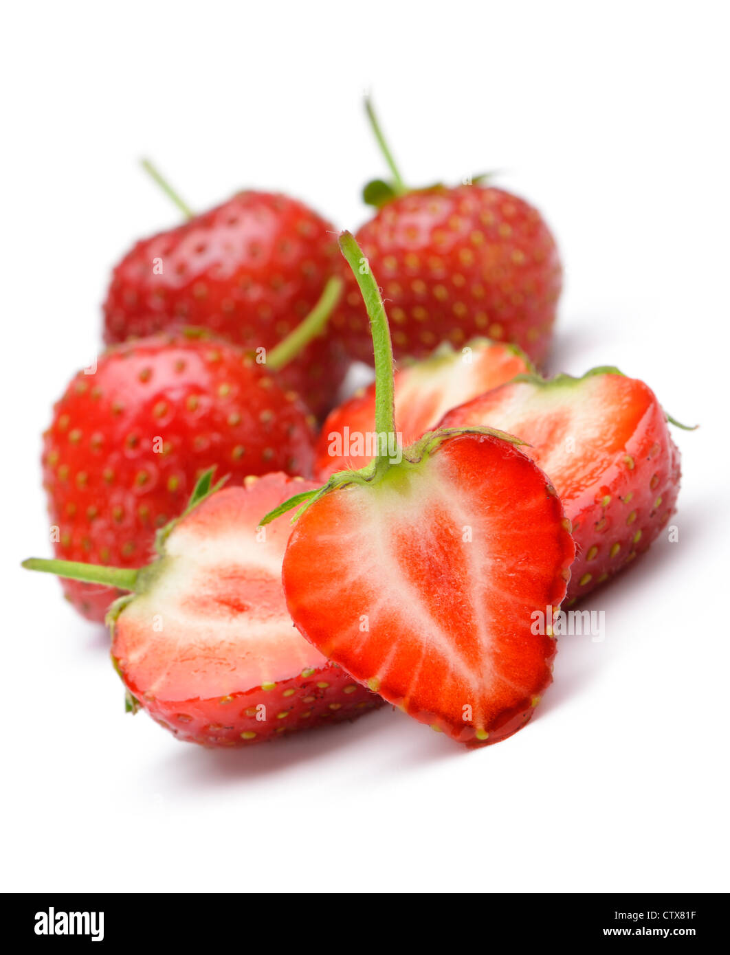 Section strawberries. Detailed cut strawberries isolated on white ...