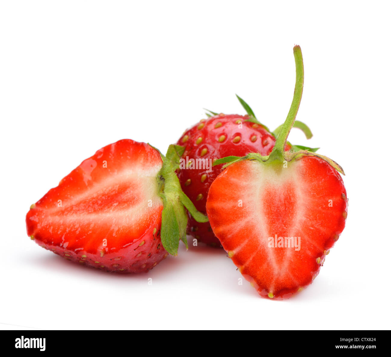 Section strawberries. Detailed cut strawberries isolated on white ...