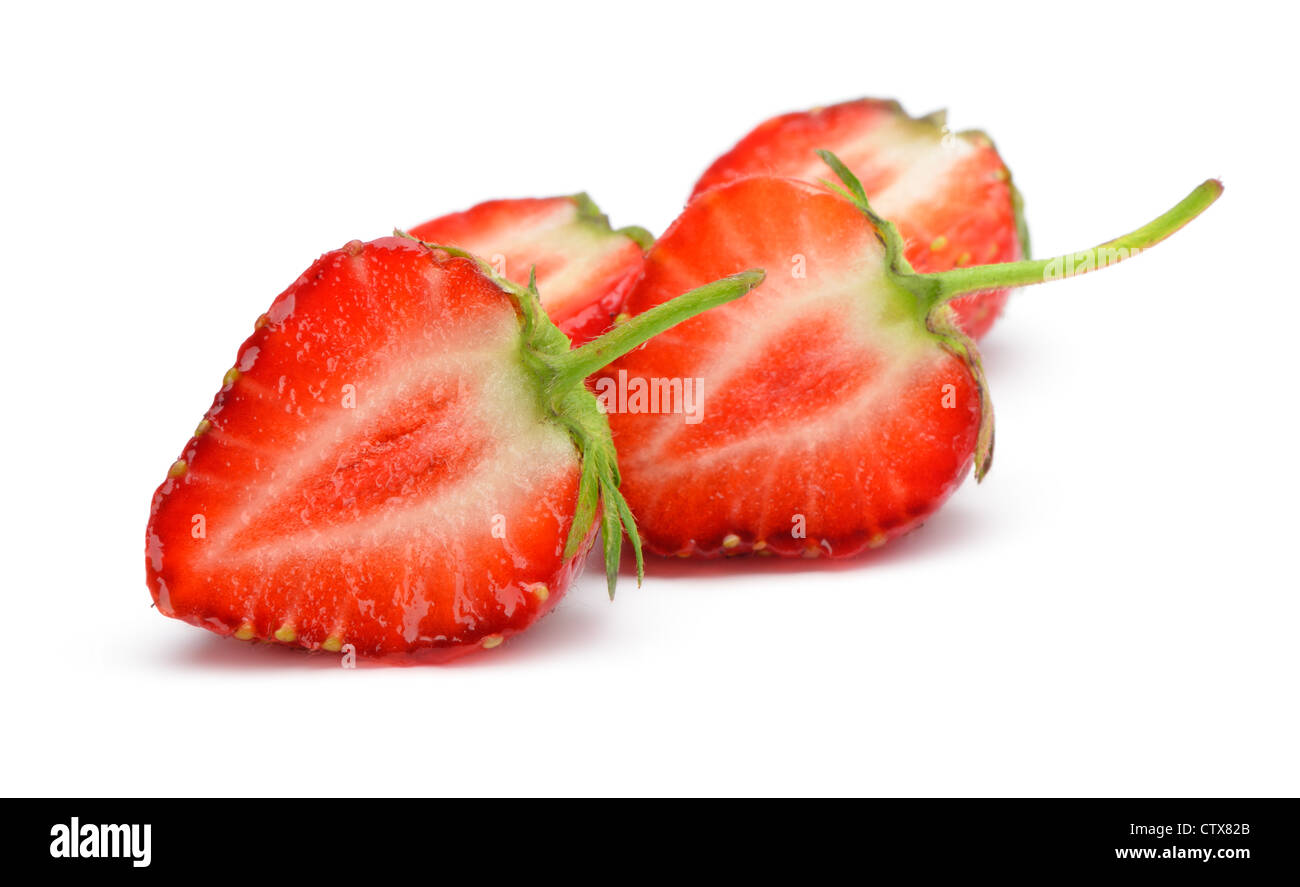 Section strawberries. Detailed cut strawberries isolated on white ...