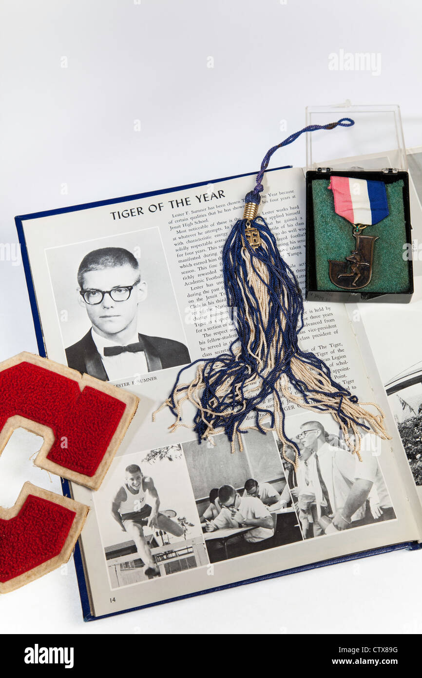 Still Life of High School Yearbook & personal Memorabilia Stock Photo ...