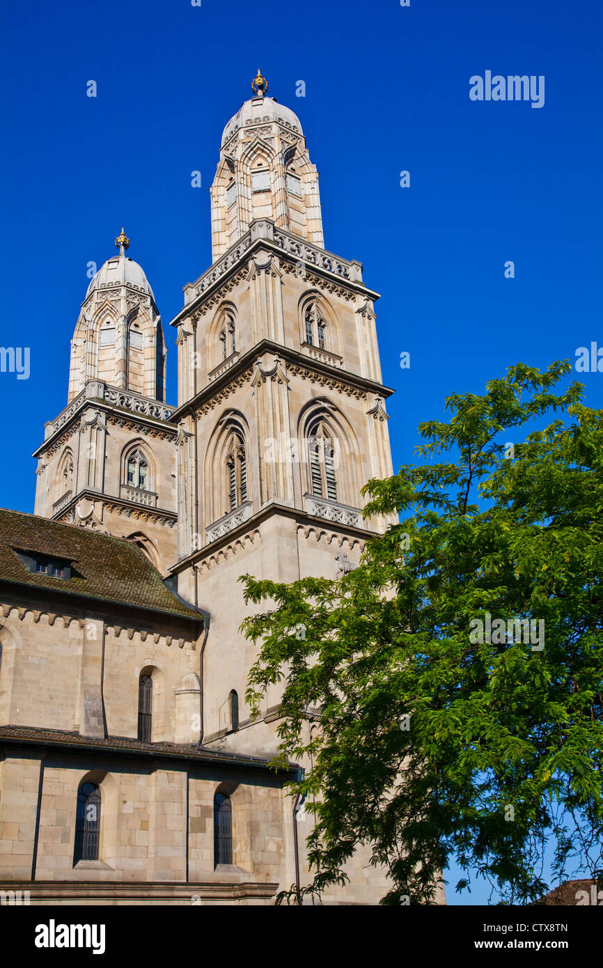The double towers of the Grossmunster church in Zurich, Switzerland ...