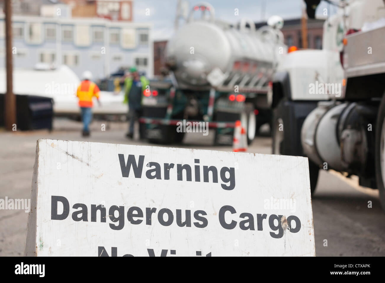 Warning Dangerous Cargo sign at hazardous waste cleanup site Stock ...