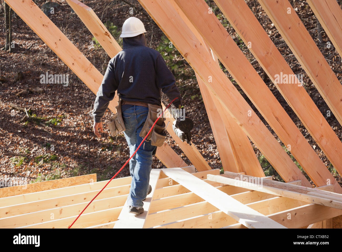 Carpenter with a nail gun at roof level Stock Photo - Alamy