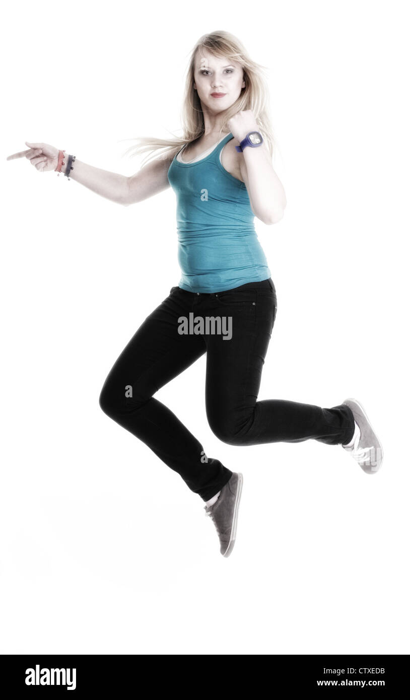Happy woman jumping with arms up in full length isolated on white ...