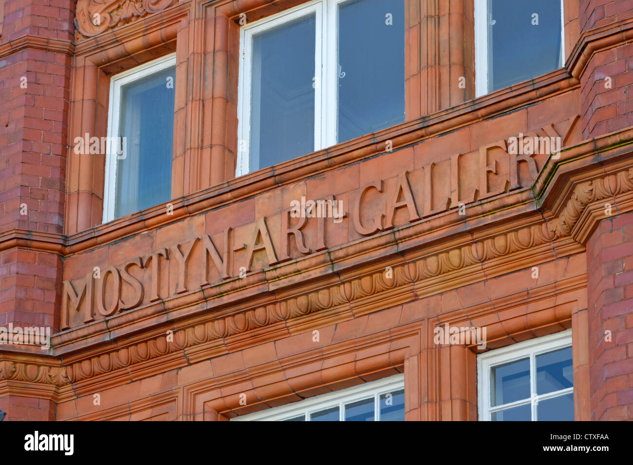 Close up of terracotta Mostyn Art Gallery sign above entrance Llandudno ...