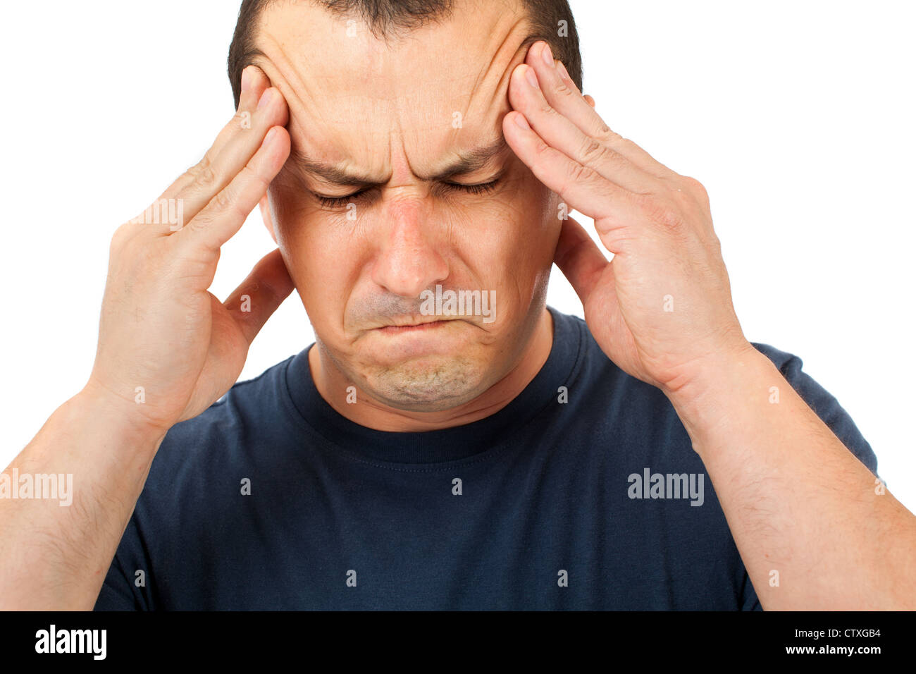 Man with a strong headache isolated on white background Stock Photo - Alamy
