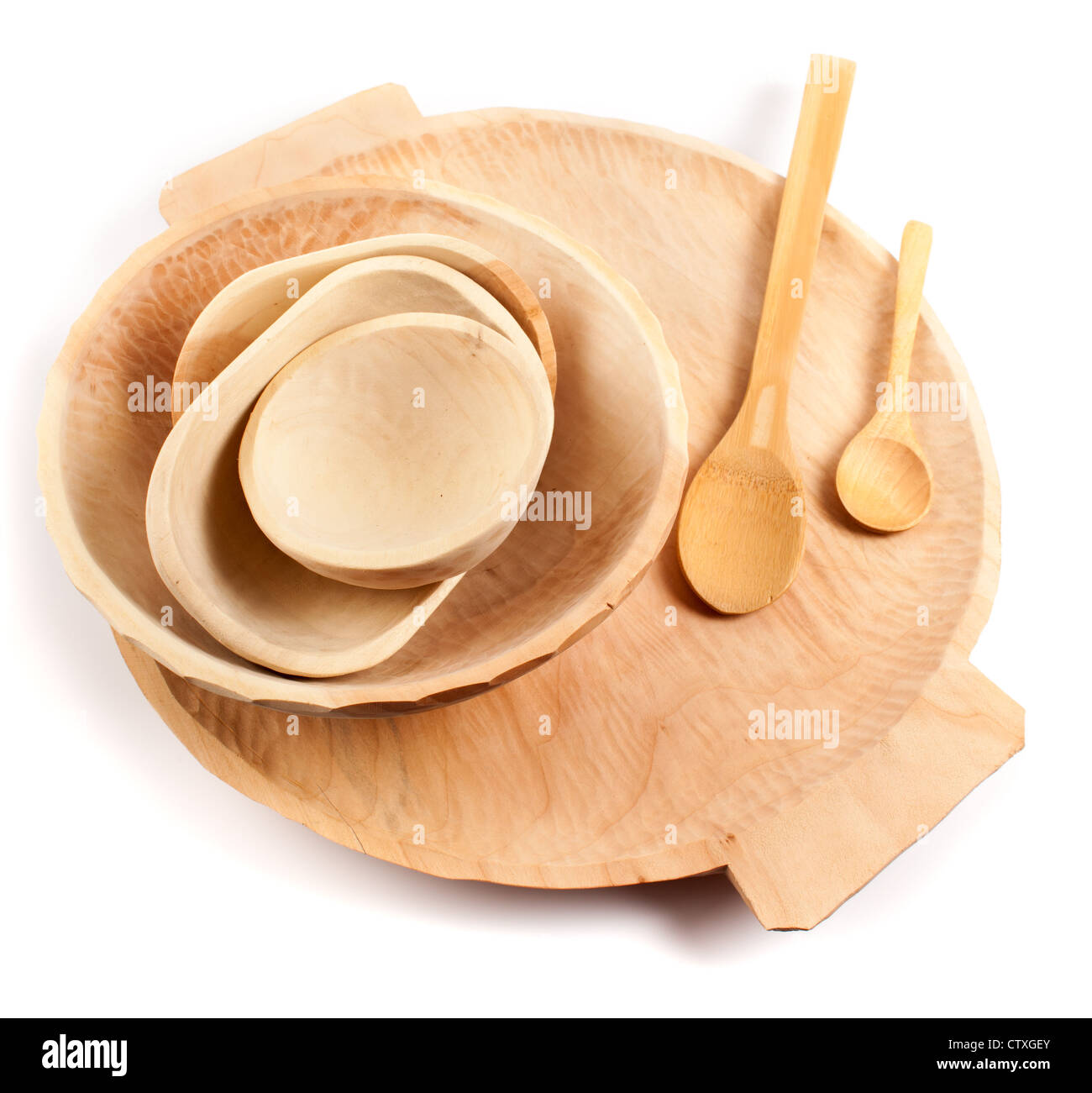 Traditional Romanian wooden kitchenware isolated on white background ...