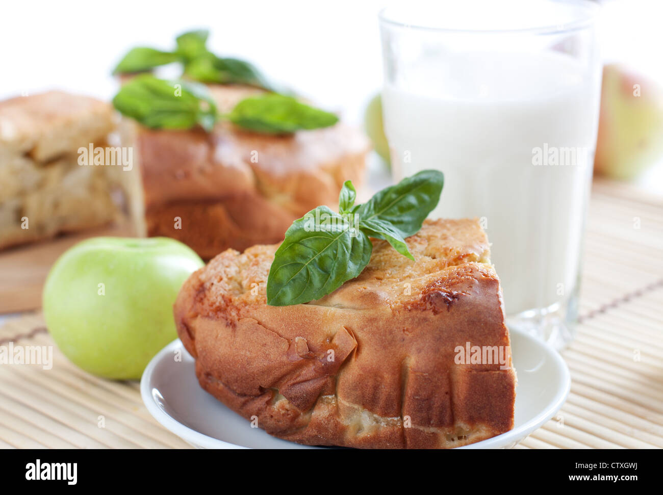 Apple pie and milk. Delicious country breakfast, close up Stock Photo ...