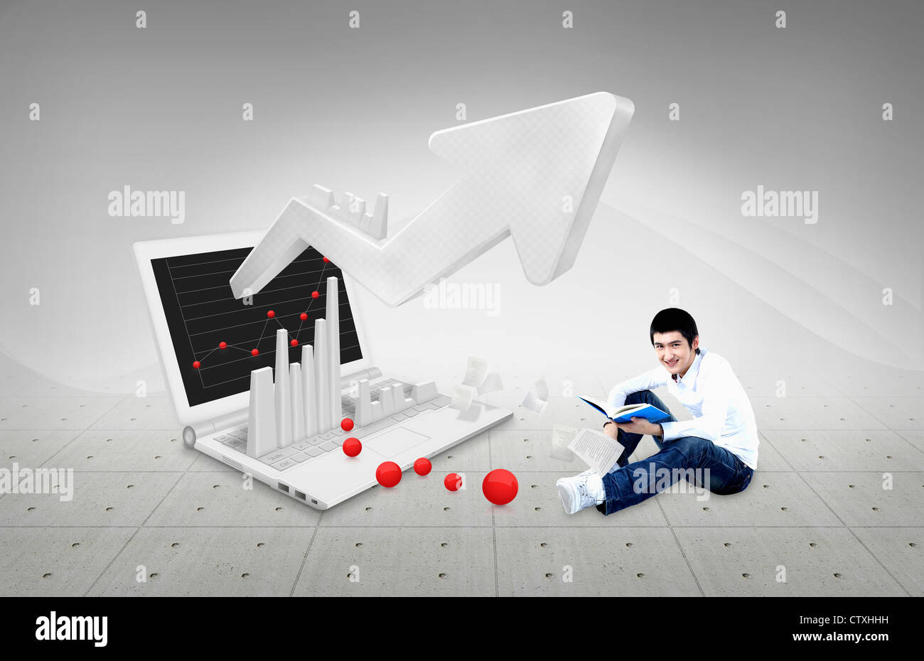 A boy and the laptop with rising chart Stock Photo - Alamy