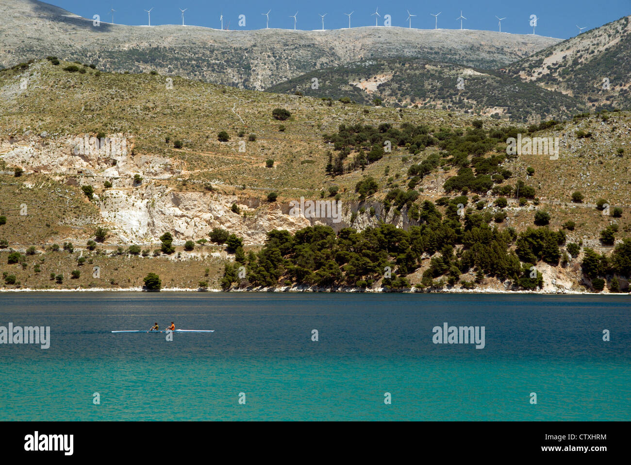 Rowers with mountain background, Argostoli Bay, Argostoli, Kefalonia ...