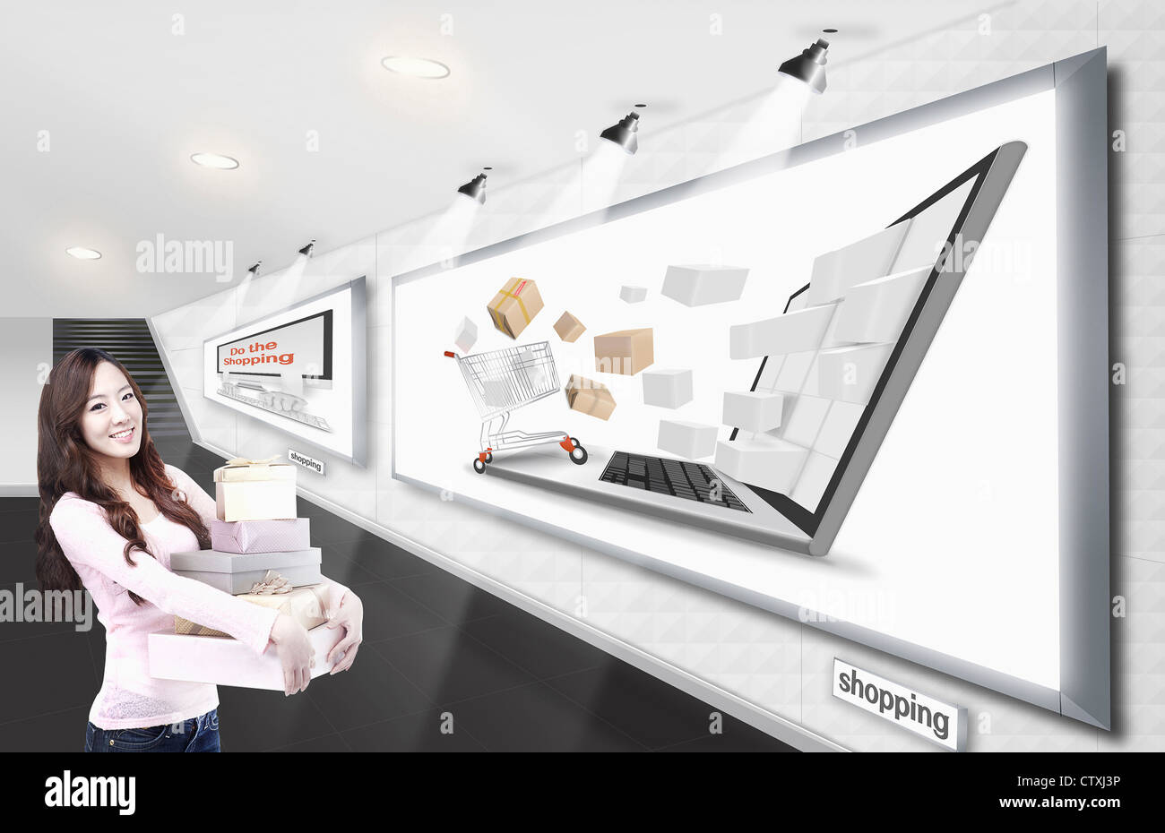 A woman and the monitor encouraging the shopping Stock Photo - Alamy