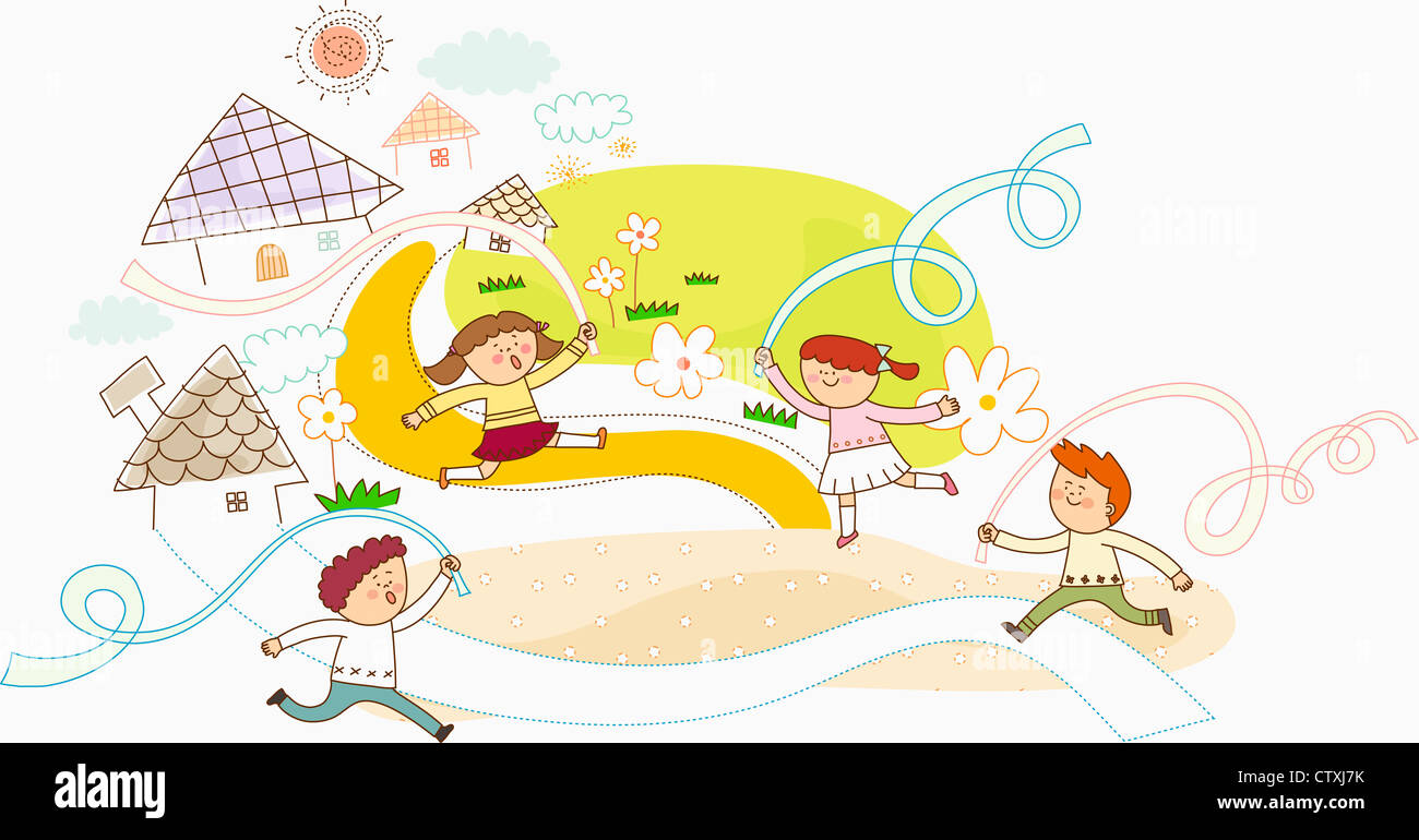 Children running with ribbon Stock Photo - Alamy