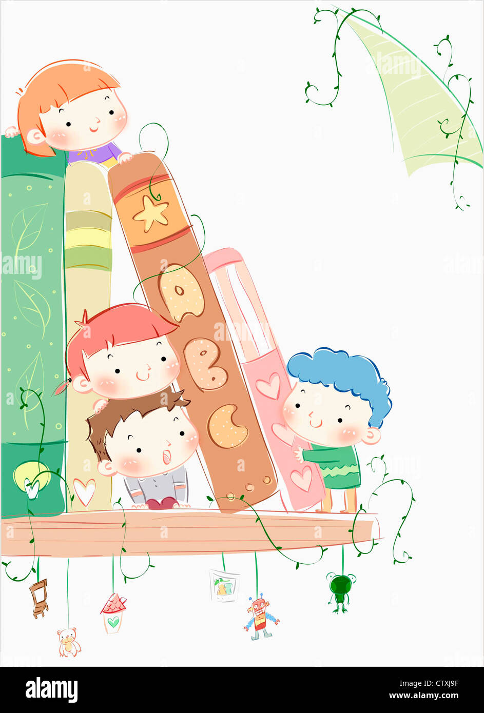 Children playing around the books Stock Photo - Alamy