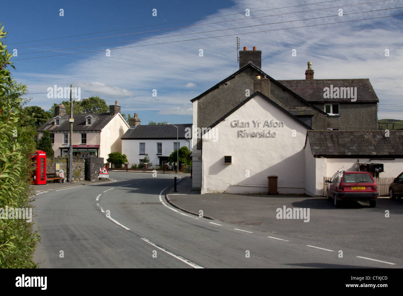 Centre of the historic sleepy Welsh village of Pennal, showing the Glan ...