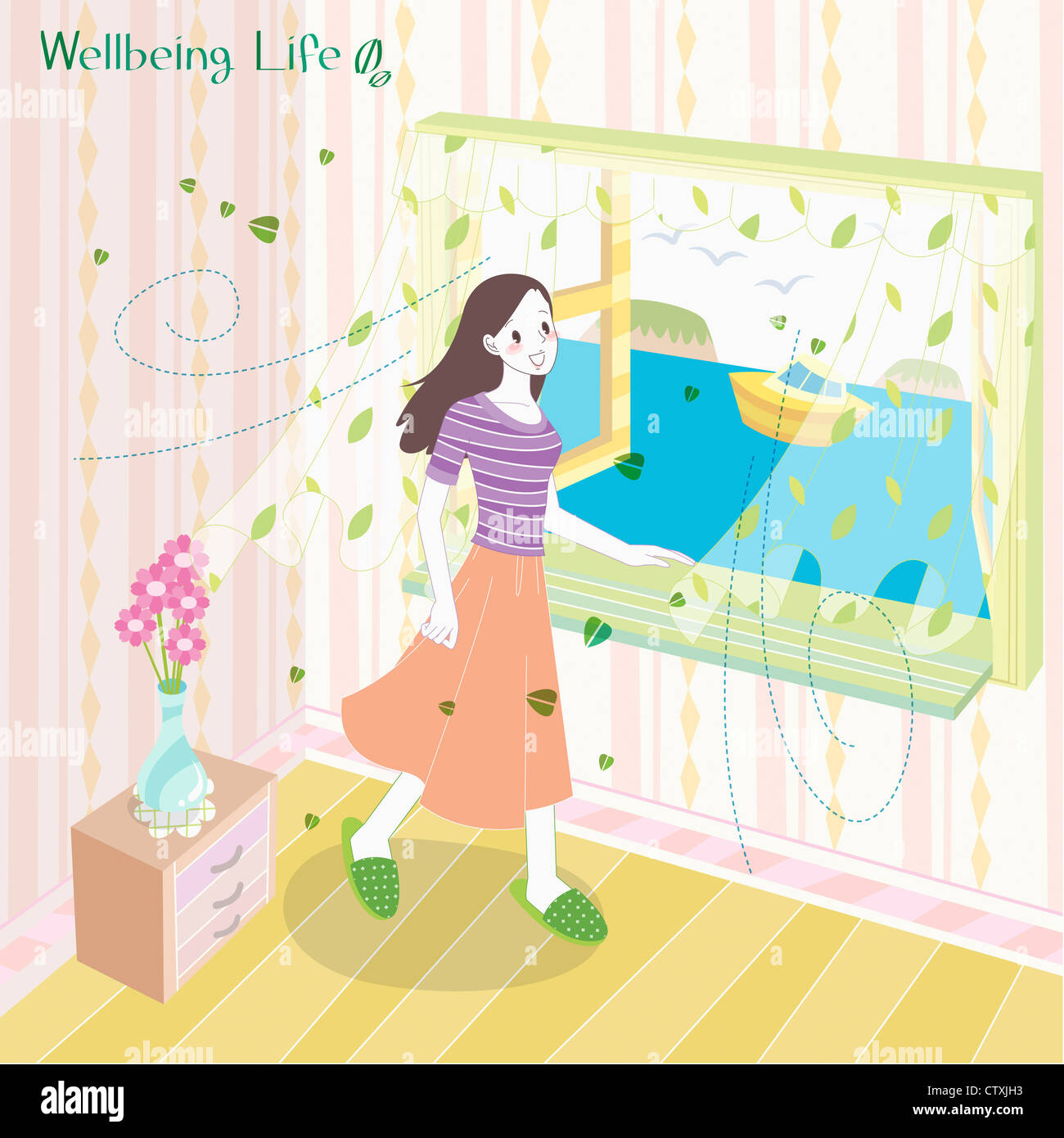 A woman feeling the wind by the window Stock Photo - Alamy