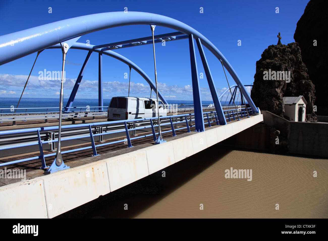 blue bridge and coastal road at Sao Vicente Madeira, Portugal, Europe ...