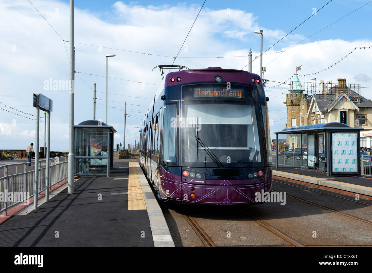 New style Blackpool tram in a station on the seafront in Blackpool ...