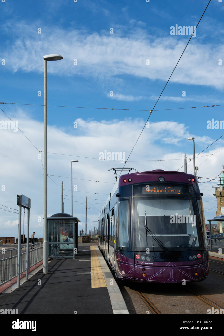 New style Blackpool tram in a station on the seafront in Blackpool ...