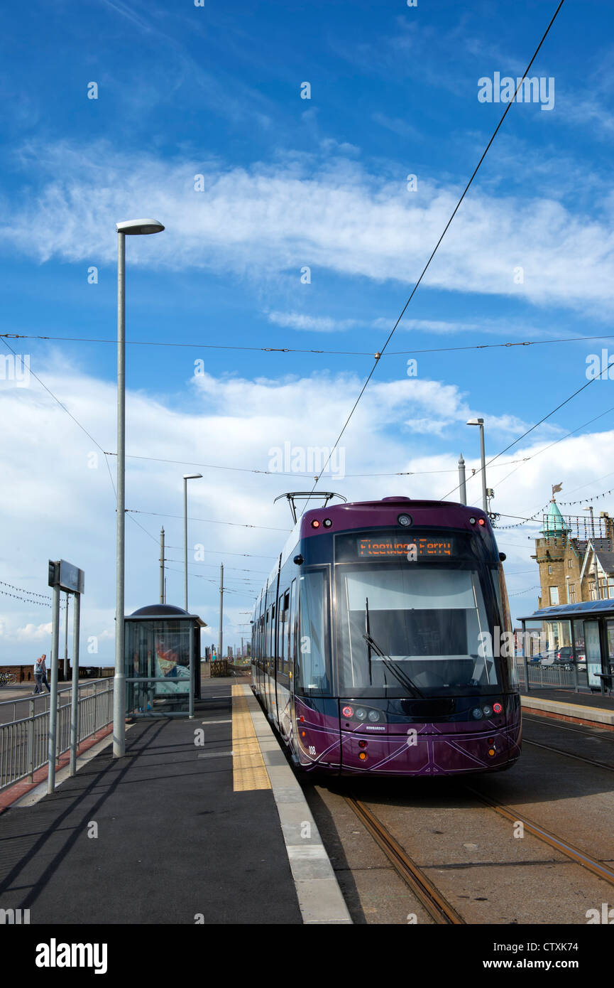 New style Blackpool tram in a station on the seafront in Blackpool ...