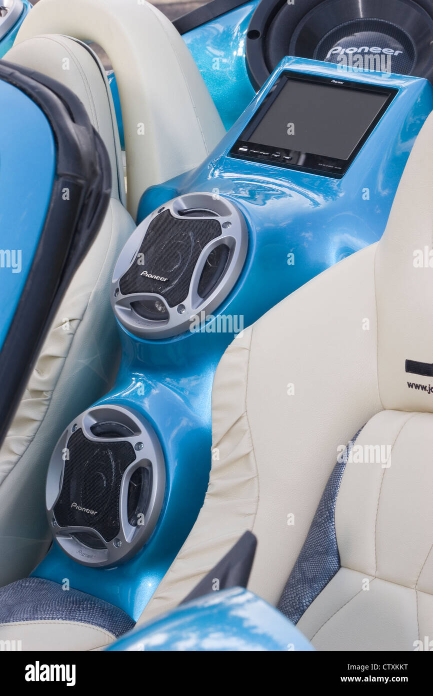 Custom stereo sound speakers installed in a modified Boy Racer sports ...